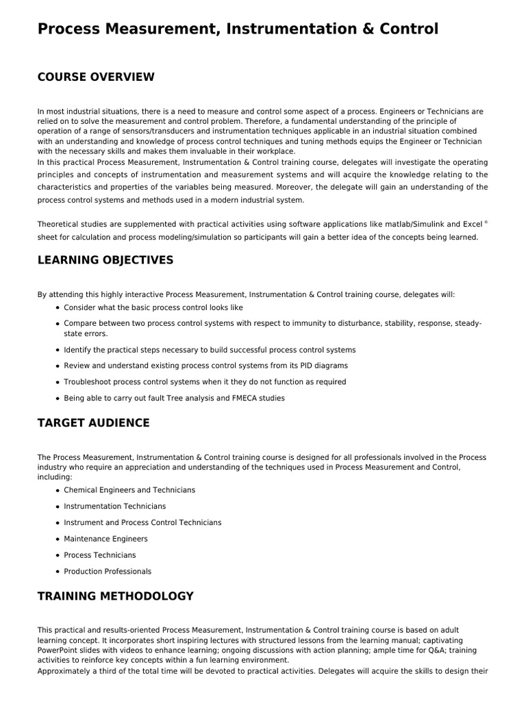 Process Measurement, Instrumentation & Control Outline | PDF ...