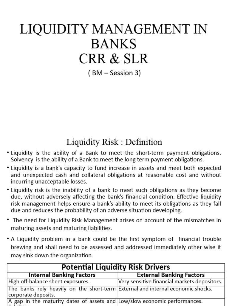 Liquidity Management in Banks: CRR & SLR | PDF | Liquidity Risk | Banks