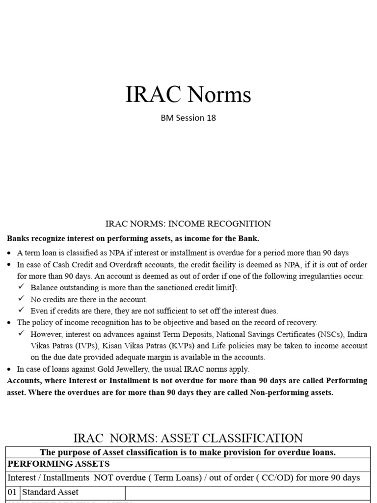 Session. 18. IRAC Norms. | PDF | Loans | Unsecured Debt