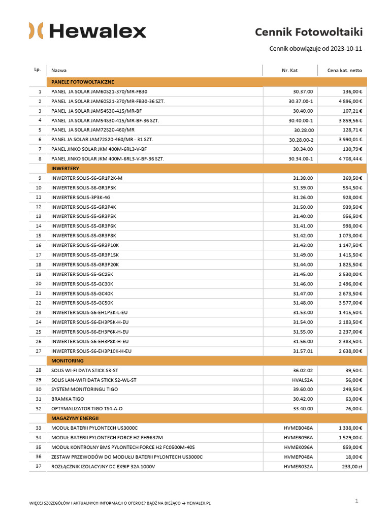 Hewalex Cennik PV 2023 10 11 | PDF
