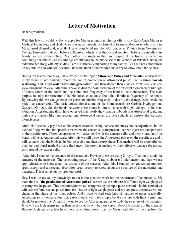 Letter of Motivation Erasmus (Medial) | PDF | Molecules | Chemical Bond