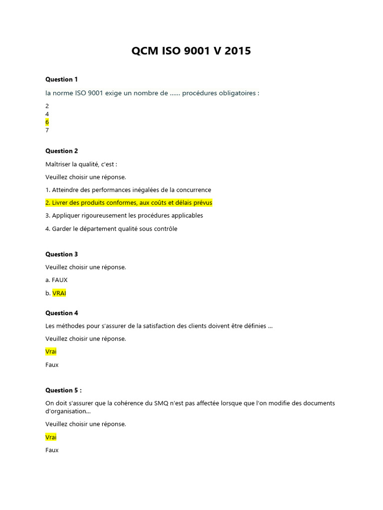 QCM Qse - Iso9001 | PDF | Management de la qualité | Système de ...