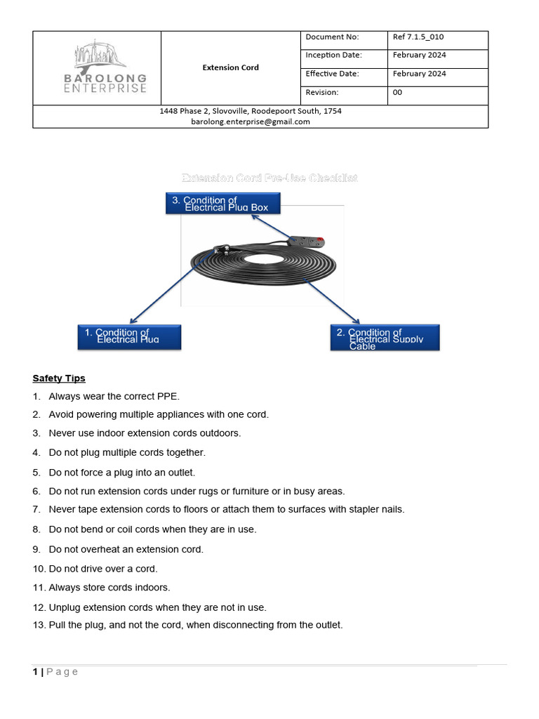 7.1.5 - 010 Extension Cord Pre-Use Checklist | PDF | Electrical ...
