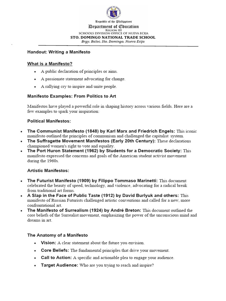 Handout and Performance Tasks in Writing A Manifesto - Shorter Version | PDF | Surrealism ...