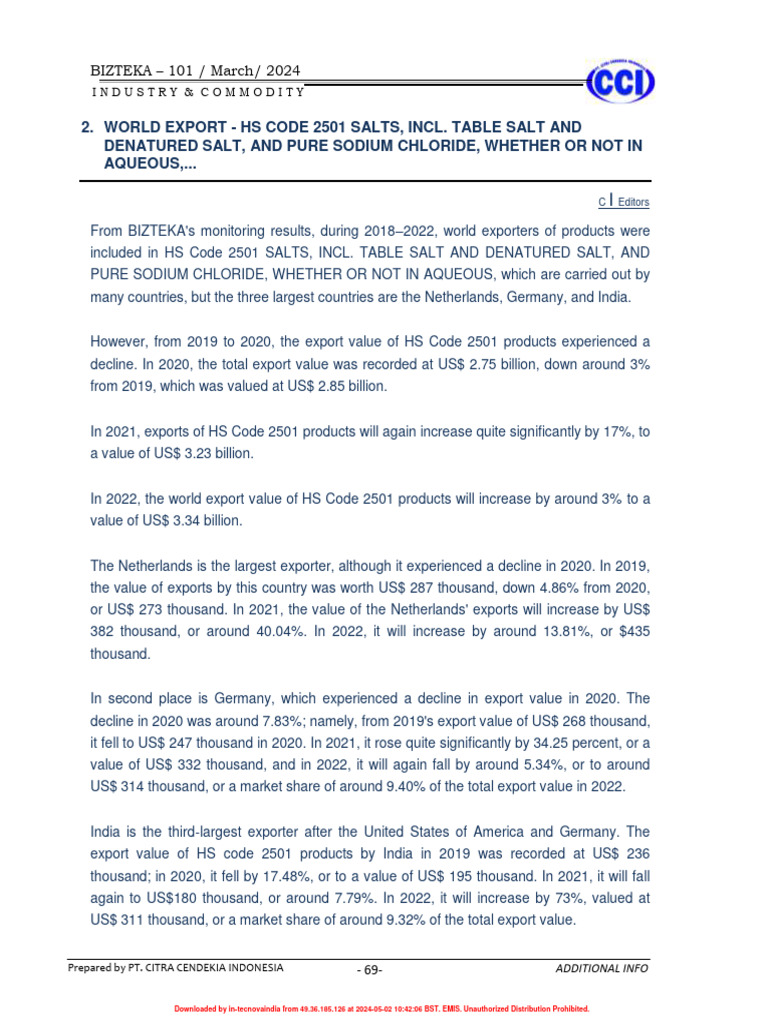 12 Additional - WORLD EXPORT HS CODE 2501 SALTS - INCL - TABLE SALT AND ...