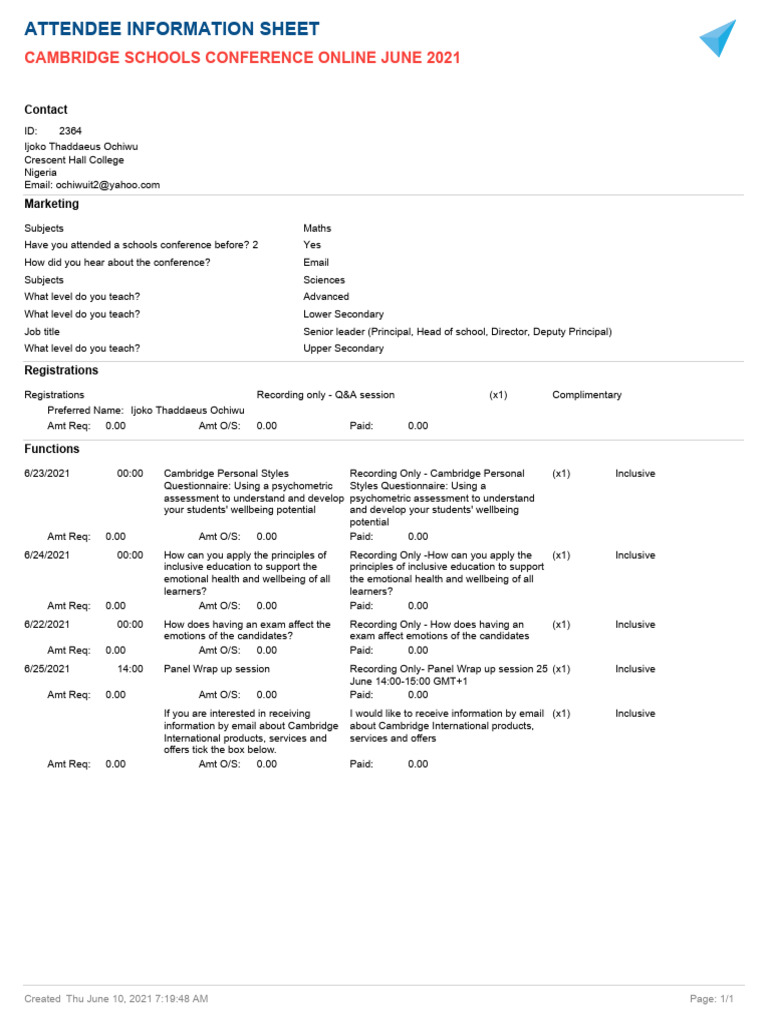 Attendee Information Sheet | Download Free PDF | Psychology