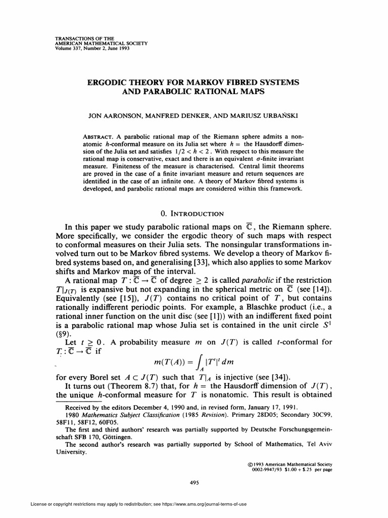 Aaronson - Denker - Urbański - Ergodic Theory For Markov Fibred Systems and Parabolic Rational ...