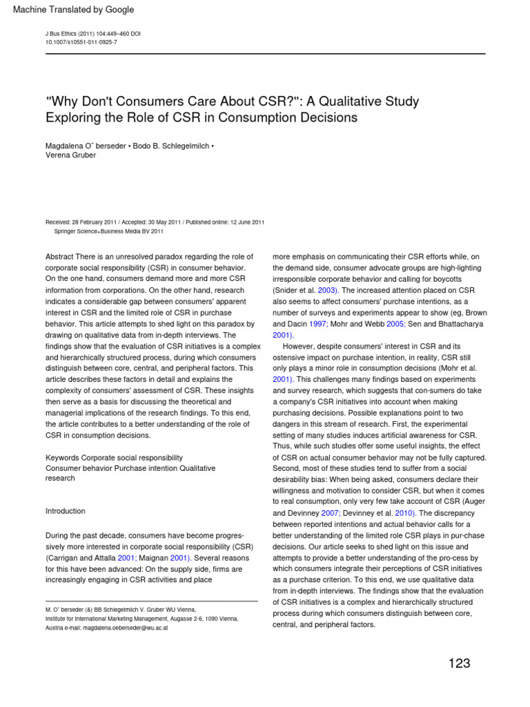 ''Why Don't Consumers Care About CSR?'': A Qualitative Study Exploring ...