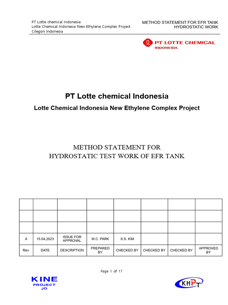 Method Statement For Hydrostatic Test Work of EFR Tank Rev.A | PDF