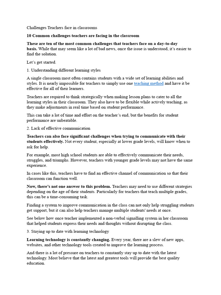 Challenges Teachers Face in Classrooms BPT ASS.2 | PDF | Teachers | Lesson Plan