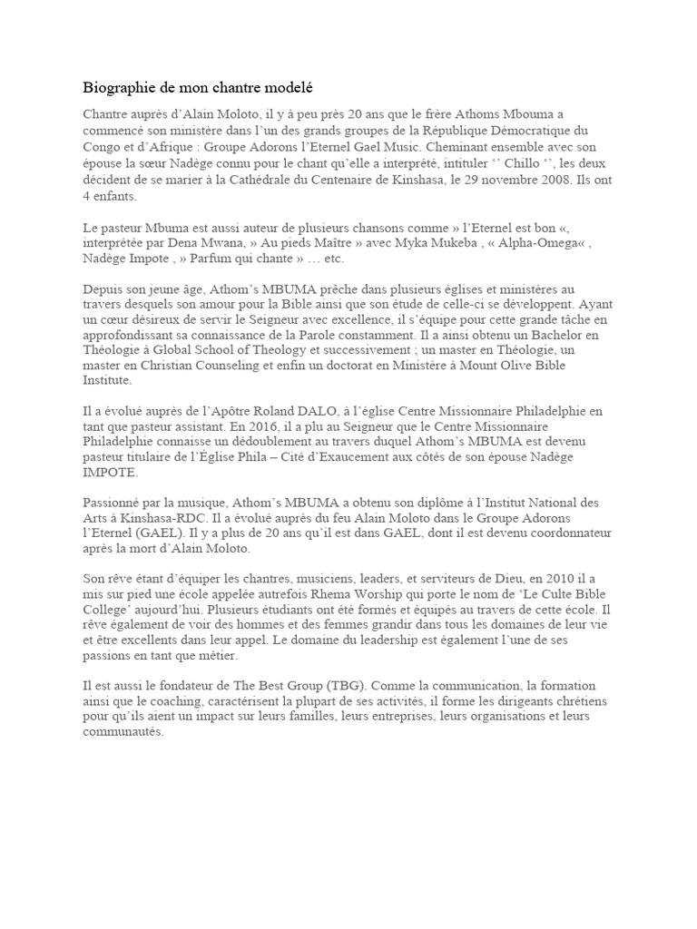 Biographie d'Athoms Mbuma, Chantre Modèle | PDF | Religion et spiritualité