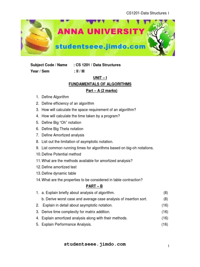 Cs1201 Datastructure Pdf Algorithms And Data Structures Applied Mathematics