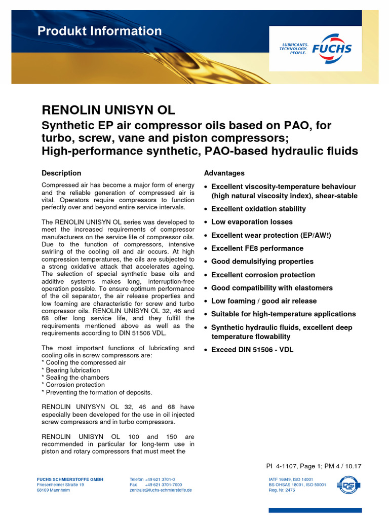 Renolin Unisyn OL | PDF | Lubricant | Corrosion