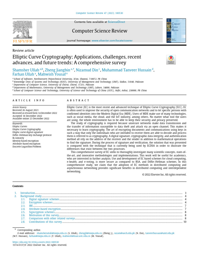 Elliptic Curve Cryptography Applications, Challenges, Recent Advances, and Future Trends A ...