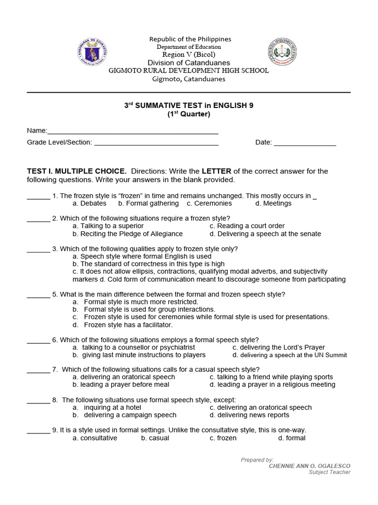 English 9 Summative Test - 1st Quarter | PDF | Human Communication