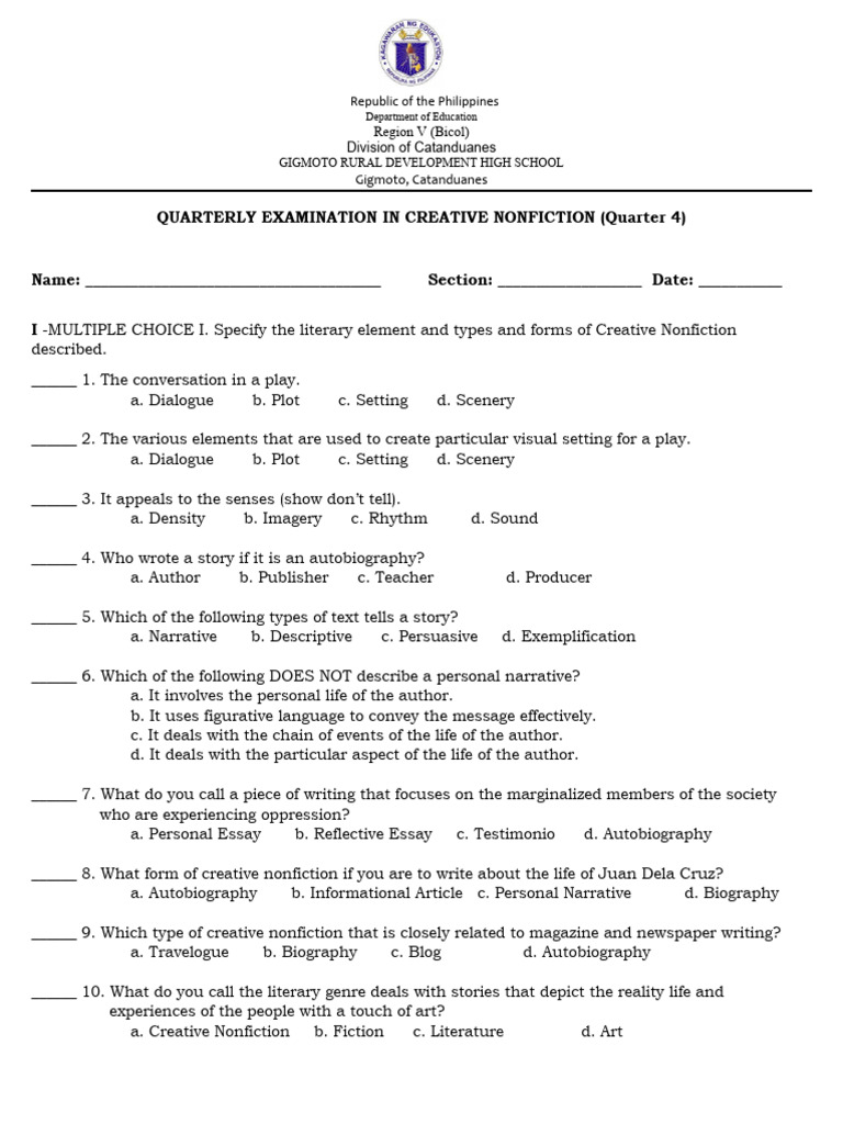 4th Quarter Exam in Creative Nonfiction | PDF | Narration | Creative Nonfiction