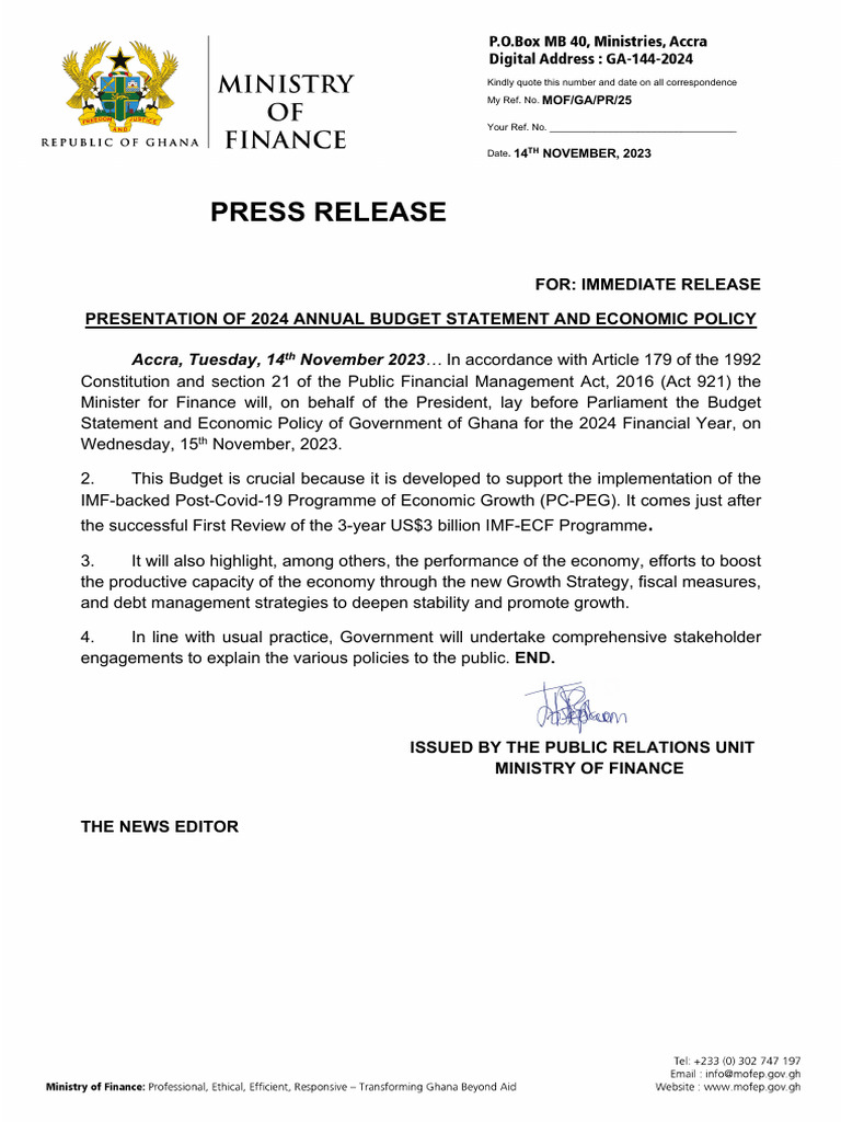 2024 Ghana Budget Statement Release | PDF