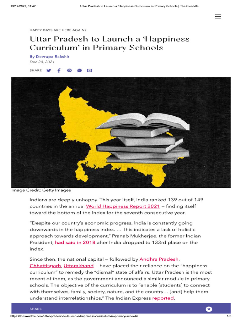 Uttar Pradesh To Launch A Happiness Curriculum' in Primary Schools | PDF