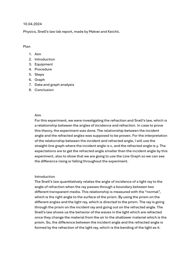 Physics Snell's Law Lab Report, Theory | PDF | Refraction | Light