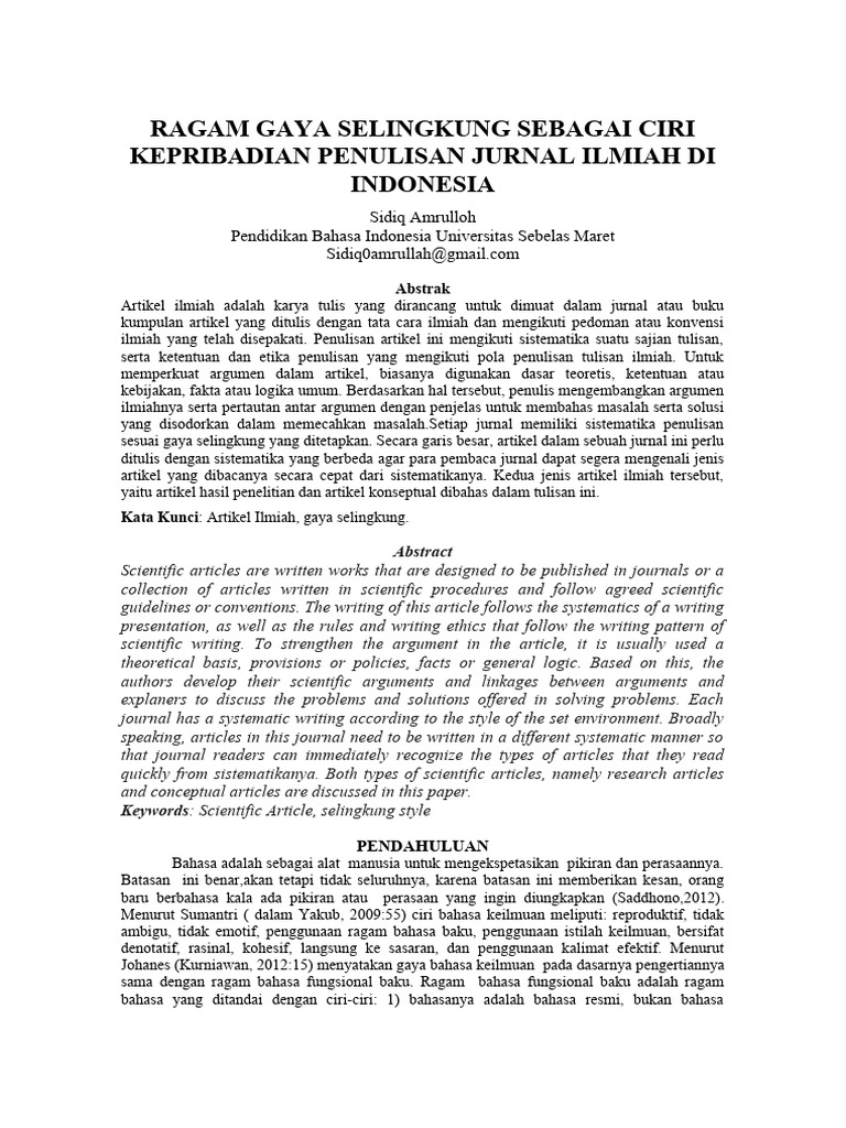 Ragam Gaya Selingkung Sebagai Ciri Kepribadian Penulisan Jurnal Ilmiah ...