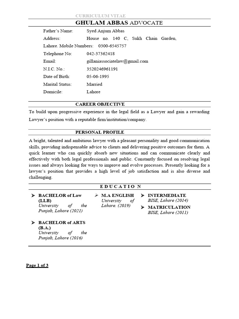 Ghulam Abbas CV Finalized | PDF | Lawsuit | Lawyer