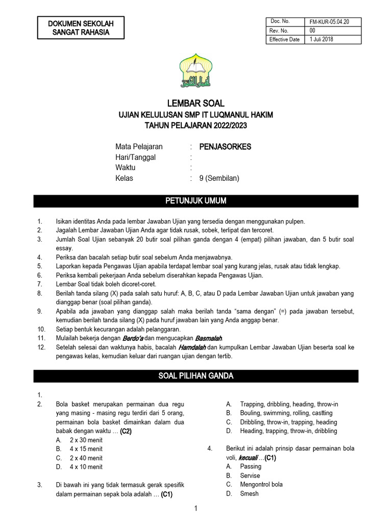 Kum. Soal - 2022-2023 - Soal - Penjasorkes - 9 | PDF