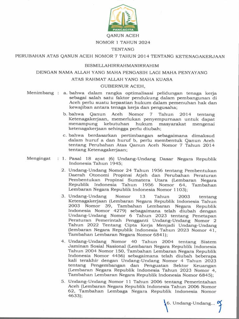 Qanun Aceh Nomor 1 Tahun 2024 Tentang Perubahan Atas Qanun Aceh Nomor 7 Tahun 2014 Tentang ...