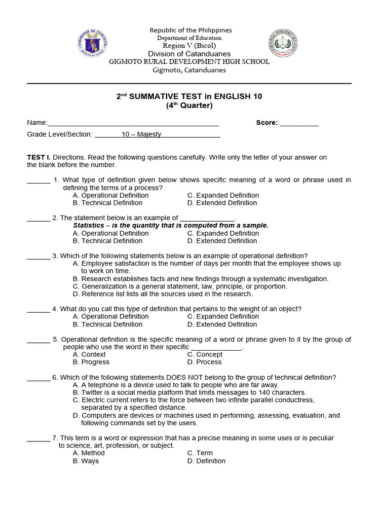 Summative 2 in English 10 (4th Quarter) | PDF | Definition | Force