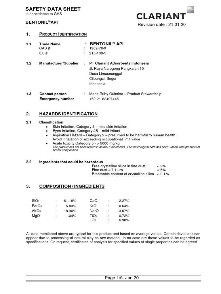 MSDS Bentonil API (BENTONITE) - PT CLARIANT | PDF | Toxicity | Environmental Science