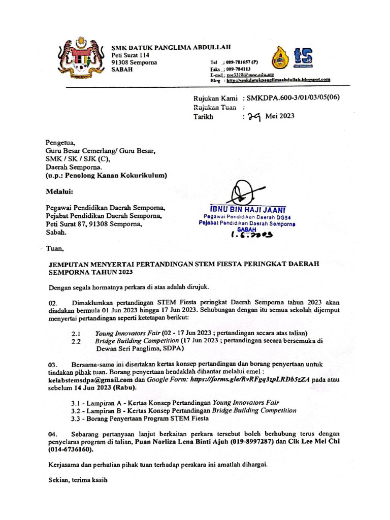 Surat Jemputan Dan Kertas Konsep STEM Fiesta Daerah Semporna 2023 | PDF ...
