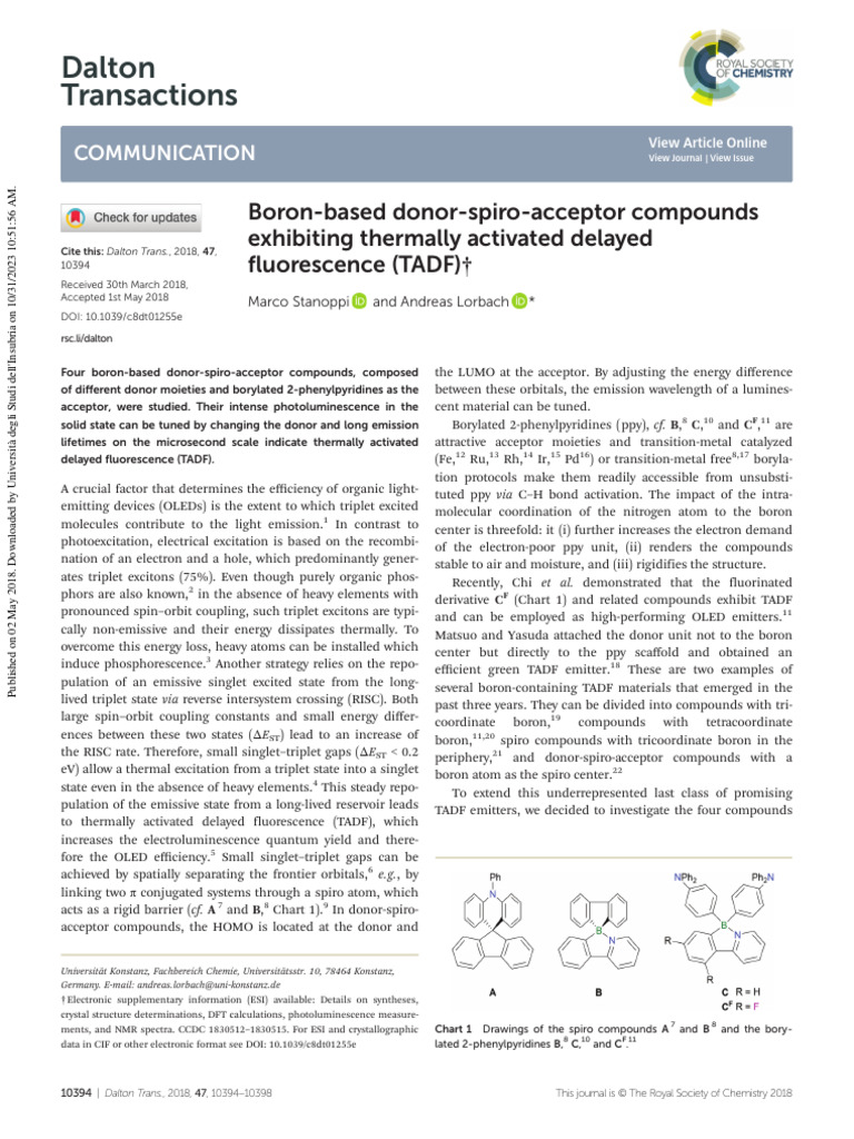 Boron Donor-Spiro-Acceptor TADF Compounds | PDF | Atomic | Physical ...