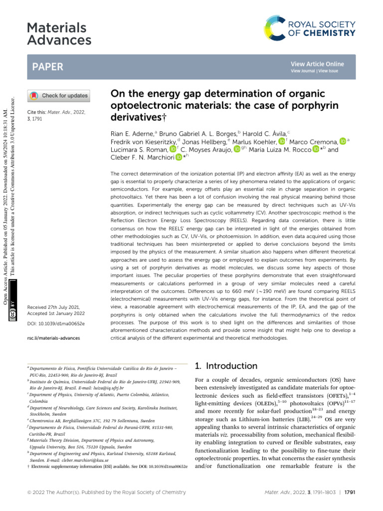 Materials Advances: Paper | PDF | Band Gap | Photoelectric Effect