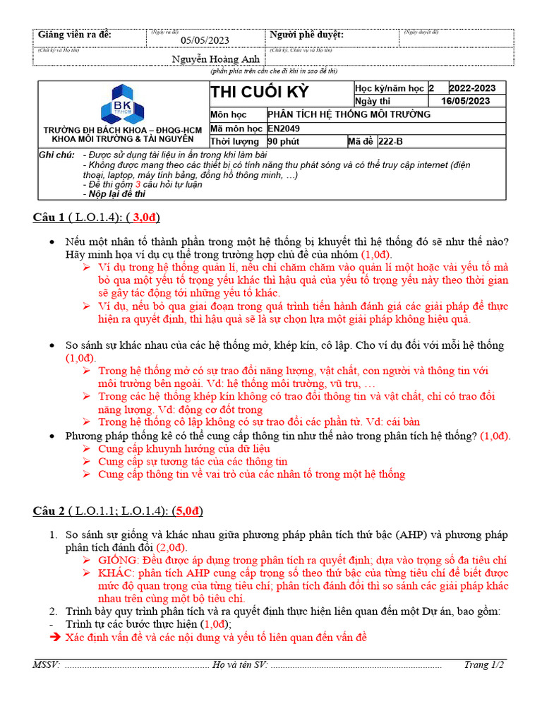 Dap An de Thi Mon PTHT Hk222-b | PDF