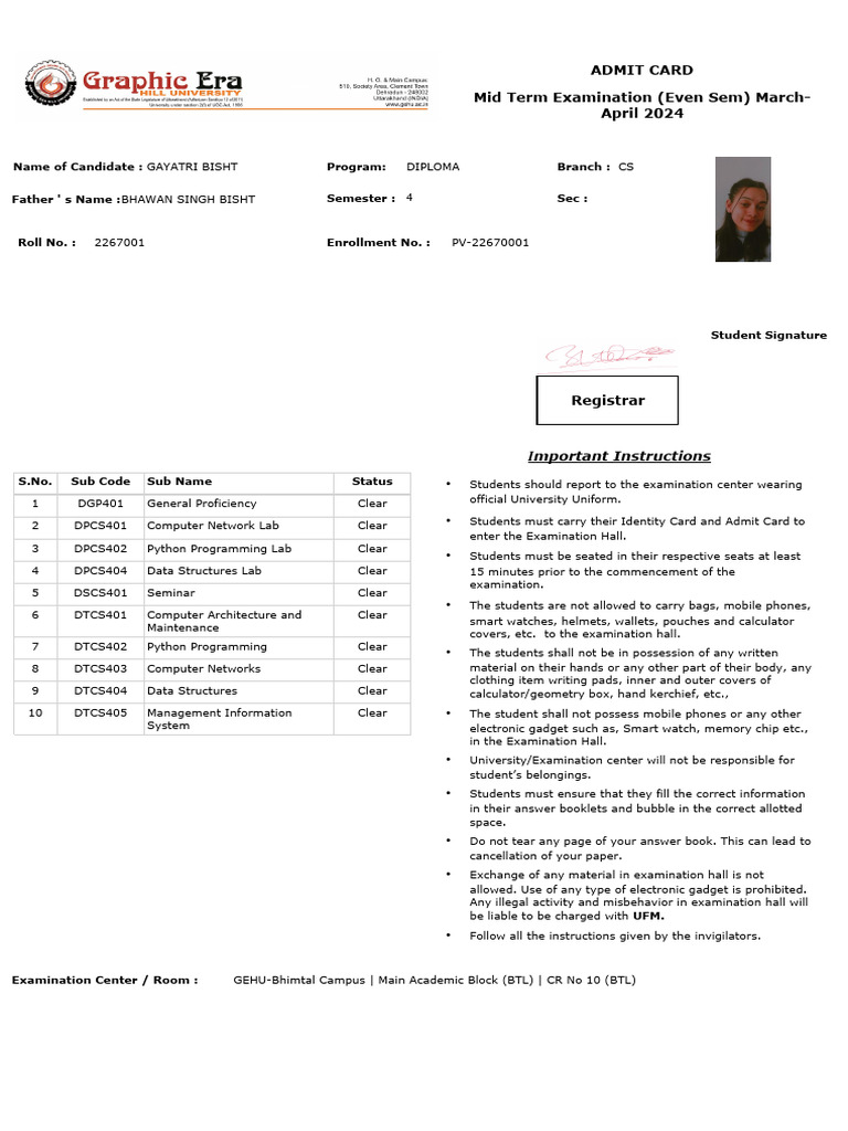 Admit Card Mid Term Examination (Even Sem) March-April 2024 | PDF | Computing | Computer Science