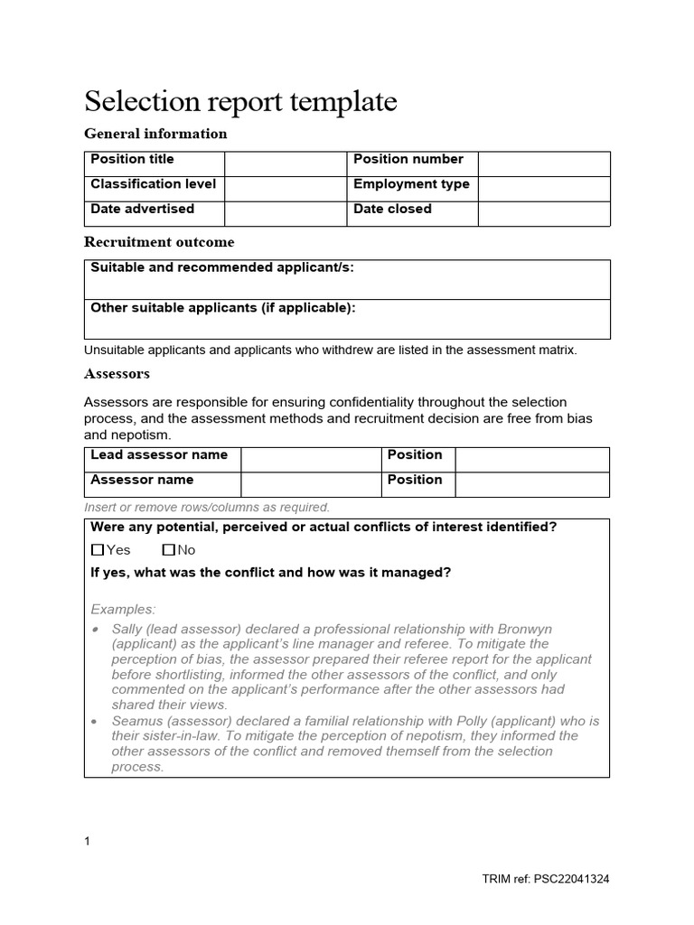 Selection Report Template | Download Free PDF | Recruitment | Job Interview
