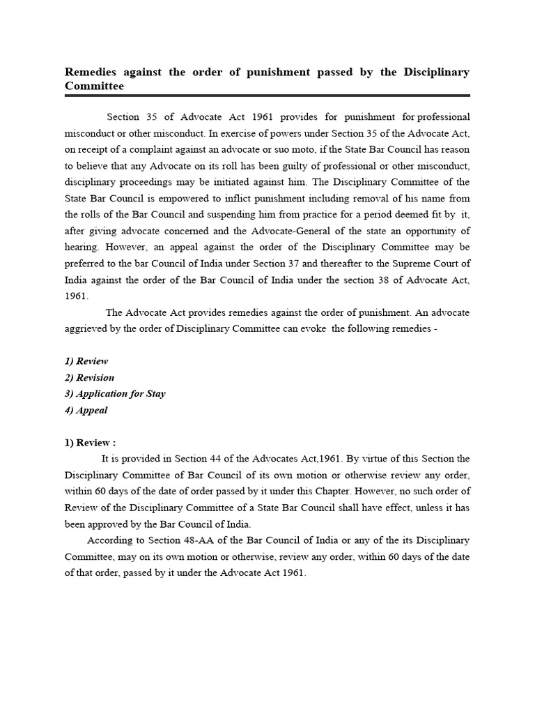Remedies Against The Order of Punishment Passed by The Disciplinary ...