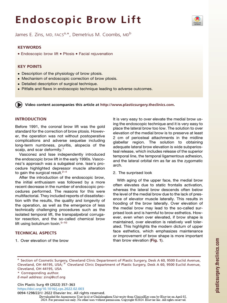 Endoscopic Brow Lift | Download Free PDF | Forehead | Human Anatomy