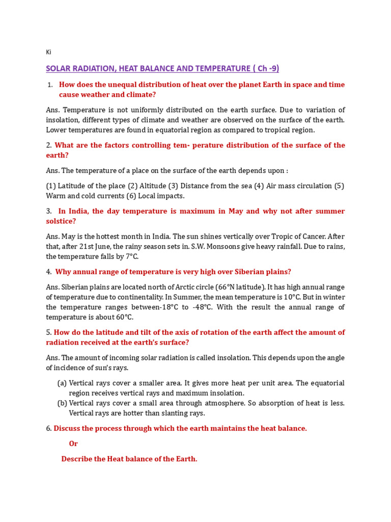 Solar Radiation, Heat Balance and Temperature QS and Ans | PDF ...