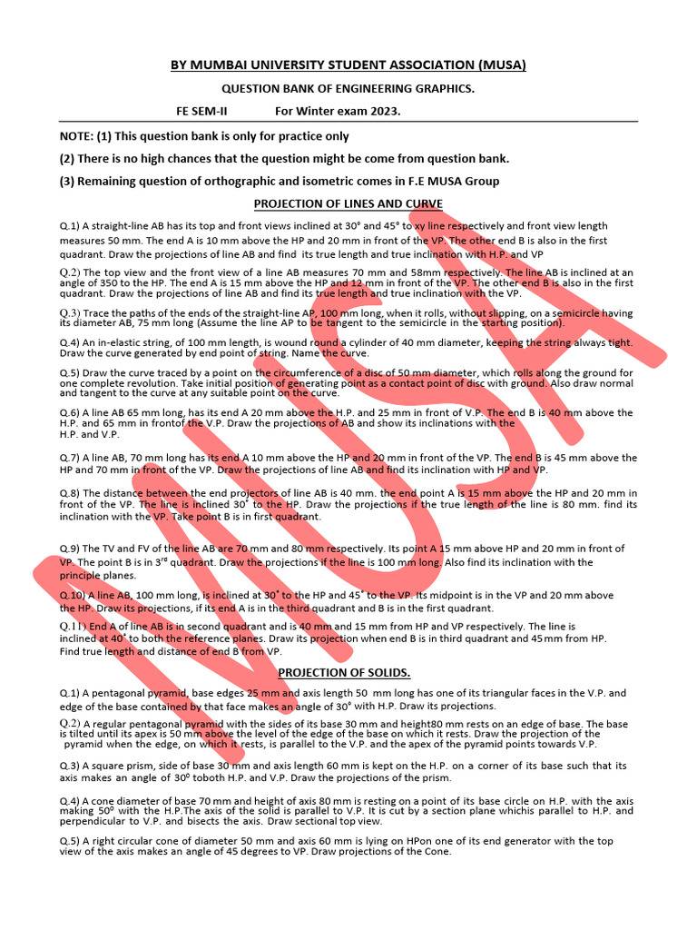 Engineering Graphics Question Bank by (MUSA) | PDF | Angle | Cartesian ...