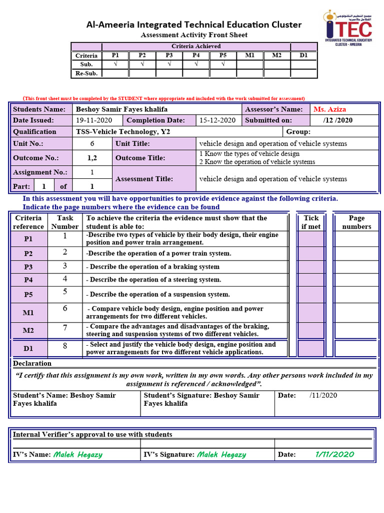 Vehicle Systems Assessment Guide | PDF | Steering | Brake