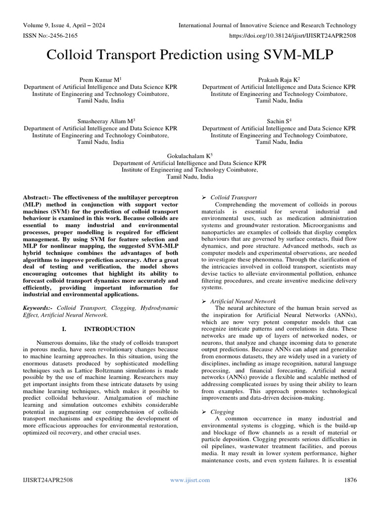 Colloid Transport Prediction Using SVM-MLP | Download Free PDF ...