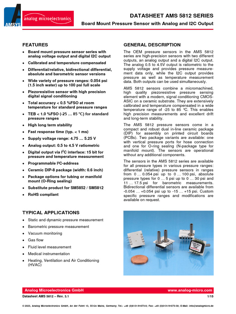 Air Pressur Sensor Ams5812-AMSYS-datasheet | PDF | Analog To Digital ...