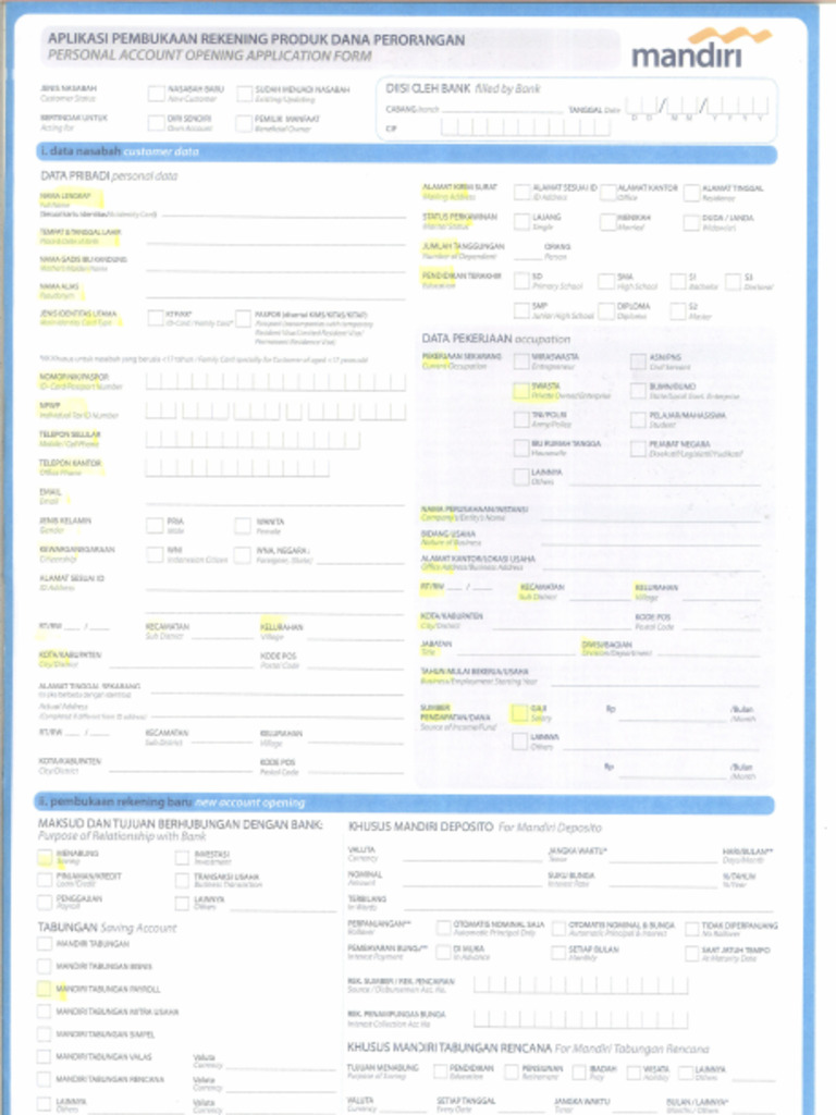 Form Aplikasi Pembukaan Rekening Mandiri | PDF