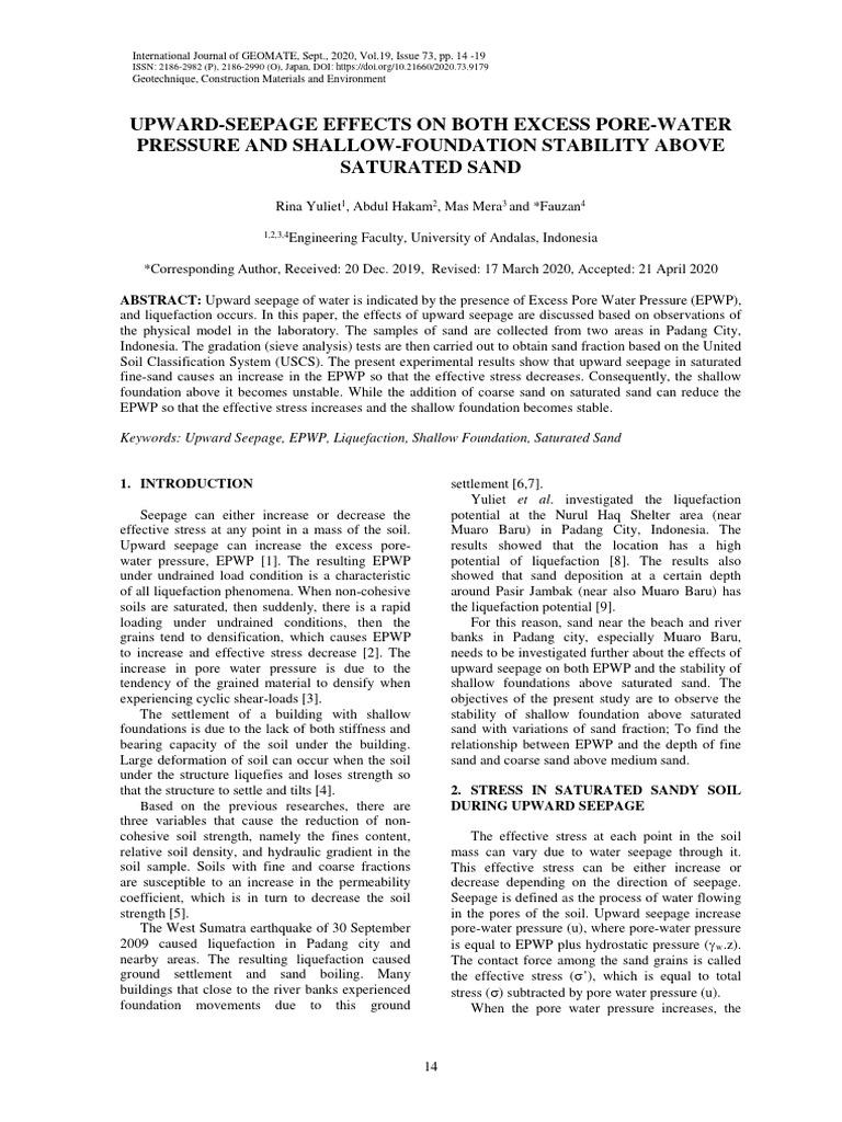 Upward - Seepage Effects On Both Ecces Pore - Water Pressure and ...