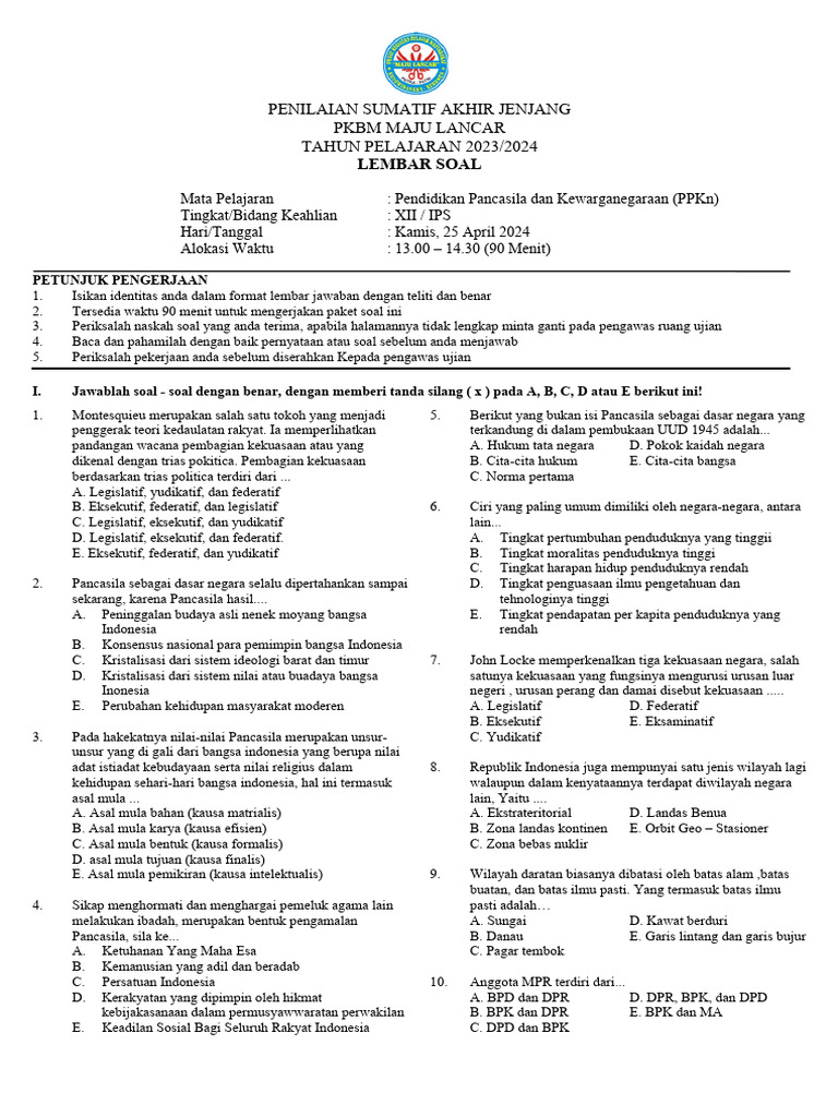 Soal PKN Kelas XII PSAJ | PDF