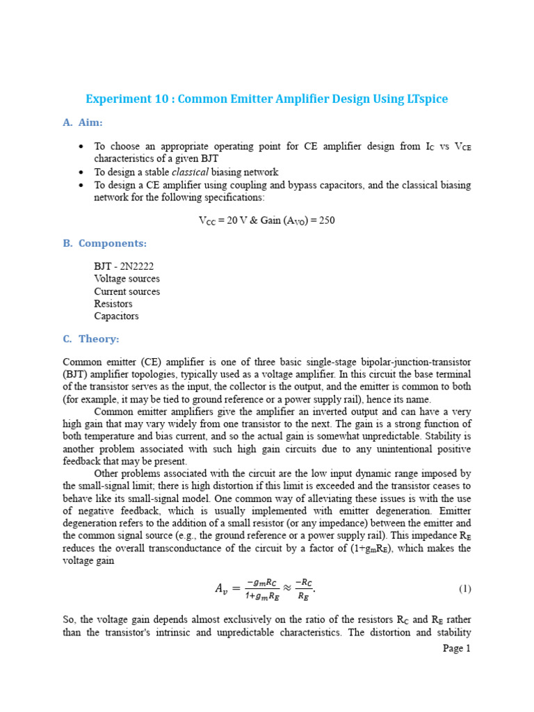 Common Emitter Amplifier Design in LTspice | PDF | Electronic Circuits ...