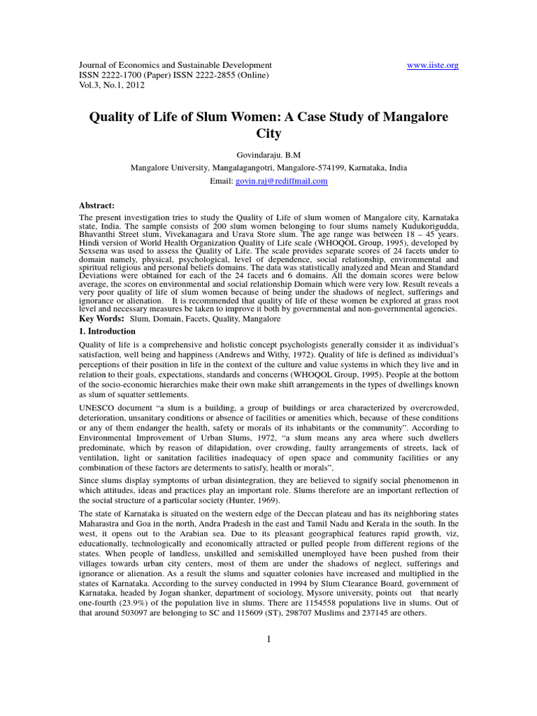 11 Quality of Life of Slum Women A Case | PDF | Science | Academic Journal