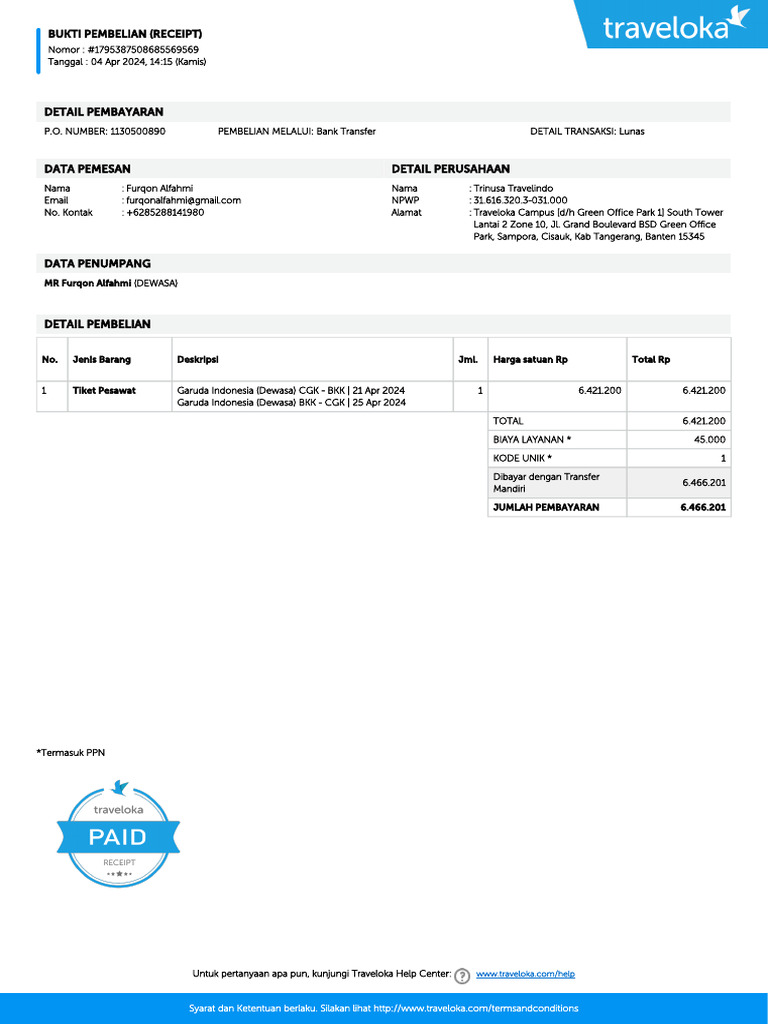 Tiket Pesawat CGK-BKK Garuda 2024 | PDF