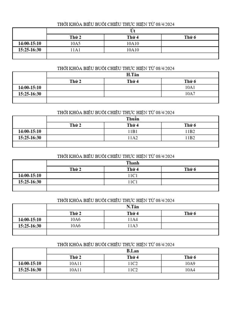 TKB buổi chiều từ 8 - 4 - 2024 (GV) | PDF