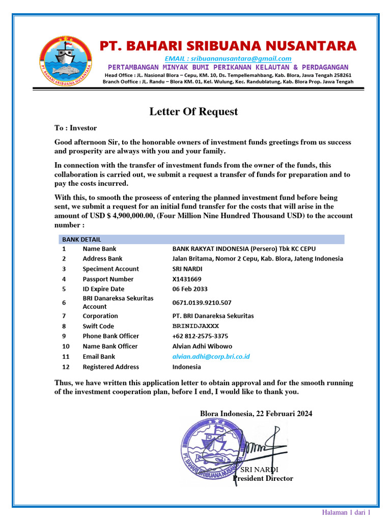 Letter of Request To Investor | PDF | Money | Banking